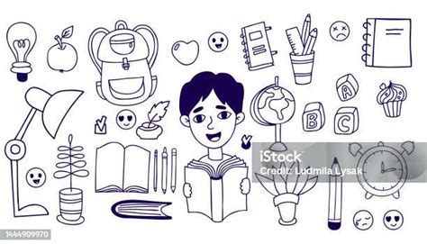 컬렉션 교육 학교 낙서 책 문구류 학교 공책과 펜 화분 알람 시계 지구본 학교 배낭을 가진 귀여운 소년 학생 벡터 절연 선형