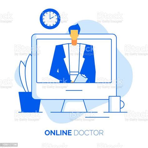 온라인 의사 상담 지원 도움말 웹 서비스 벡터 일러스트 의료 의학 개념 의사 캐릭터 아바타 원격 환자 디스플레이 현대 평면을