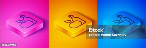 아이소메트릭 라인 사과 사이다 식초는 분홍색과 주황색 파란색 배경에 분리된 병 아이콘에 있습니다 정사각형 버튼 벡터 3차원 형태에 대한 스톡 벡터 아트 및 기타 이미지