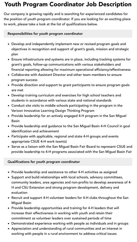 Youth Program Coordinator Job Description Velvet Jobs