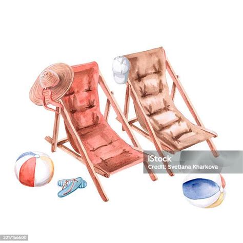 일광욕 의자 2개 모자 공 레스토랑 디자인 관광 브로셔 직물 및 직물에 인쇄를 위한 해변 휴가를 주제로 한 고립된 수채화 삽화