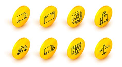 라인 평면 앱 배송 추적 기능이 있는 컴퓨터 모니터 배달 화물 트럭 차량 판지 상자 저울 피자 봉투 및 아이콘을 설정합니다 벡터