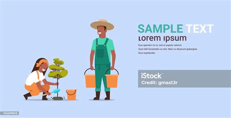 두 농민 심기 나무 아프리카계 미국인 남자 지주 물 양동이 여자 파고 토양 작업 정원 농업 원 예 개념 평면 전체 길이 복사 공간 수평 농부에 대한 스톡 벡터 아트 및 기타