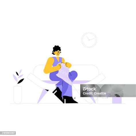 공예 휴식 수제 예술을 상징하는 평면 벡터 일러스트 레이 션에서 소파에 뜨개질을 하는 여자 흰색 배경에 고립 된 Diy에 대한