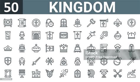 주식 스크롤 방패 Flail 문 헬멧 도끼 벡터 얇은 아이콘 보고서 프리젠 테이션 다이어그램 웹 디자인 모바일 응용 프로그램과 같은 50 개요 웹 왕국 아이콘 세트 권장에