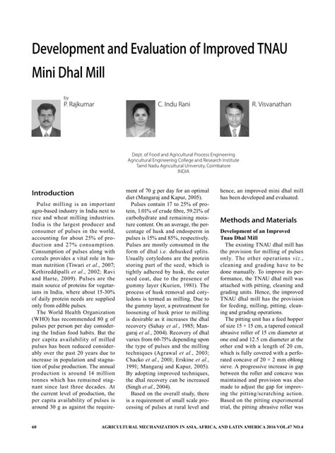 Pdf Development And Evaluation Of Improved Tnau Mini Dhal Mill