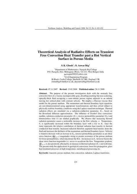Pdf Theoretical Analysis Of Radiative Effects On Transient Free Convection Heat Transfer Past