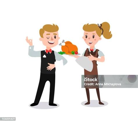 치킨 만화 캐릭터의 접시를 들고 제복을 입고 하는 웨이터의 커플 재미의 평면 만화 사람 흰색 배경에 고립 개념에 대한 스톡 벡터 아트 및 기타 이미지 Istock