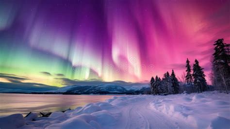A Colorful Aurora Borealis Lights Up The Sky Over A Snowy Landscape Ai