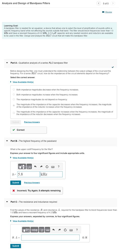 Solved Analysis And Design Of Bandpass Filters 5 Of 5 Review