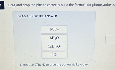 Solved 2 Drag And Drop The Pins To Correctly Build The Formula For Photosynthesis Drag And Drop