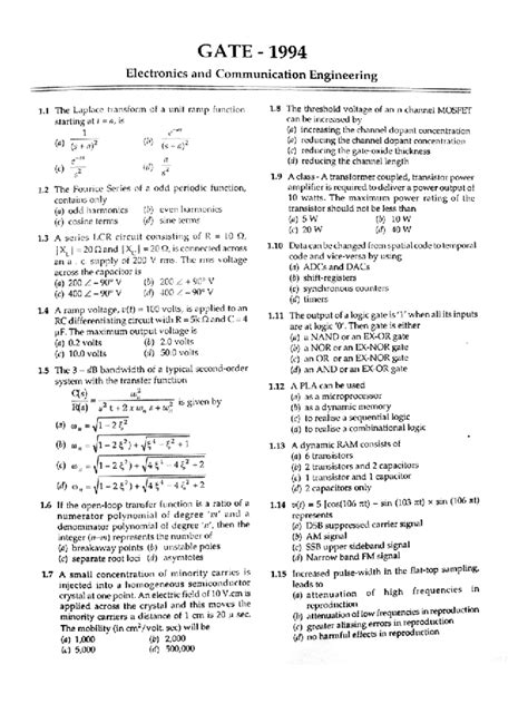 Gate Ece Solved Paper 19941 Electronics Communication Engineering Studocu