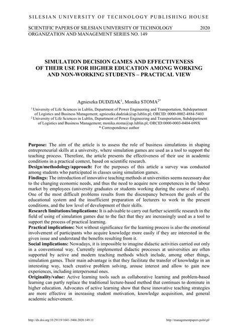 Pdf Simulation Decision Games And Effectiveness Of Their Use For Higher Education Among