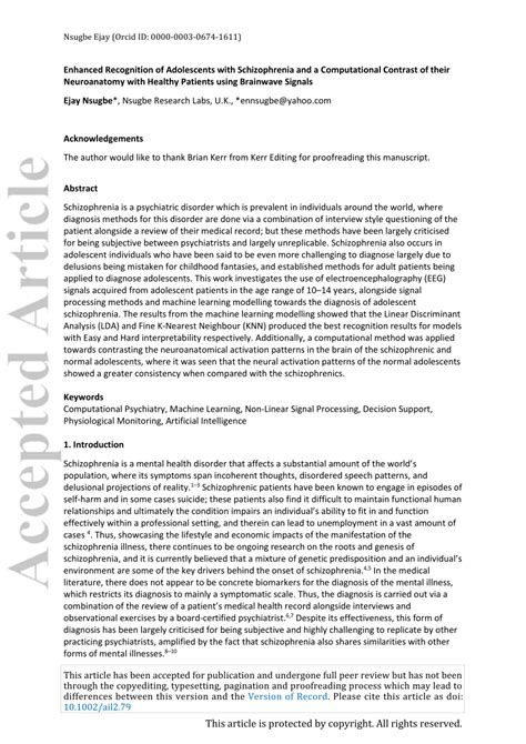 Pdf Enhanced Recognition Of Adolescents With Schizophrenia And A Computational Contrast Of