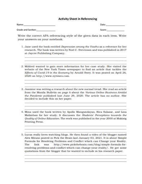 Activity Sheet In Referencing Research Methods Activity Sheet In