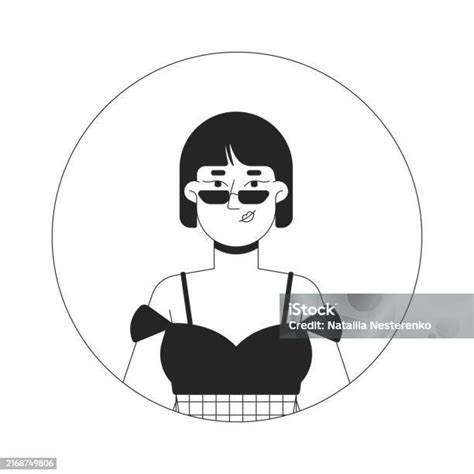 좁은 선글라스 여름 드레스 흑백 2d 벡터 아바타 그림에 한국 여자 2차 도형에 대한 스톡 벡터 아트 및 기타 이미지 2차