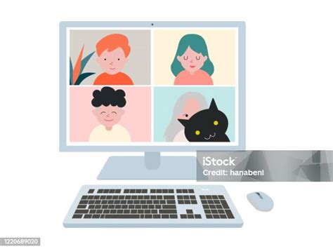 데스크톱 Pc에서 온라인 모임 귀여운에 대한 스톡 벡터 아트 및 기타 이미지 귀여운 데스크탑 컴퓨터 말하기 Istock