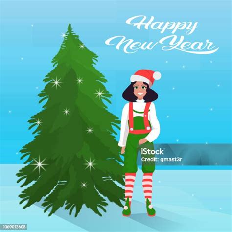 갈색 머리 여자 엘 프 의상 전나무 트리 뉴 해피 메리 크리스마스 개념 평면 근처 12월에 대한 스톡 벡터 아트 및 기타 이미지 12월 개념 계절 Istock