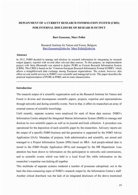 Deployment Of A Current Research Information System Cris For Internal Disclosure Of Research