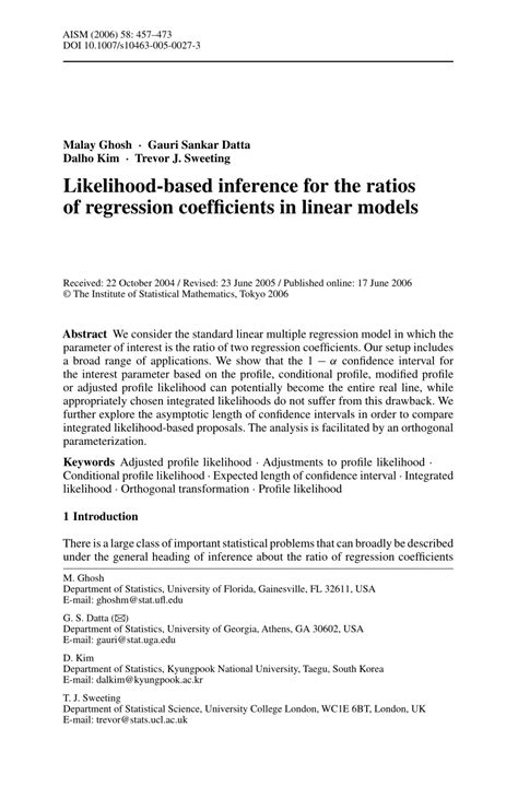 Pdf Likelihood Based Inference For The Ratios Of Regression