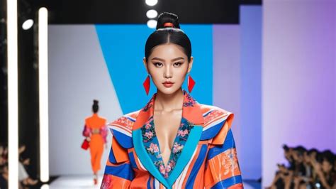Asian Female Model Showcasing Vibrant Traditional Attire On A Fashion