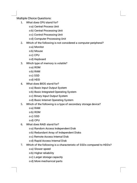 Unit 1 Multiple Choice Questions Pdf Random Access Memory