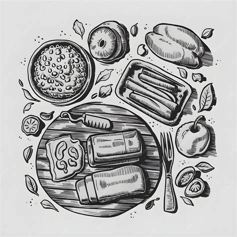 Dibujo En Tinta De Almuerzo Dibujo En Blanco Y Negro Estilo De Grabado