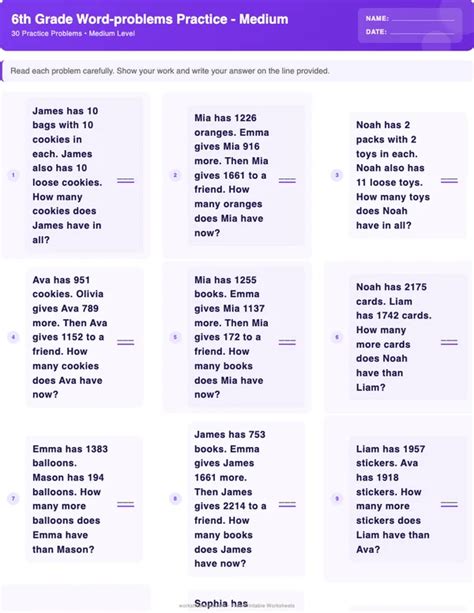 6th Grade Word Problems Worksheet Medium Worksheetwise