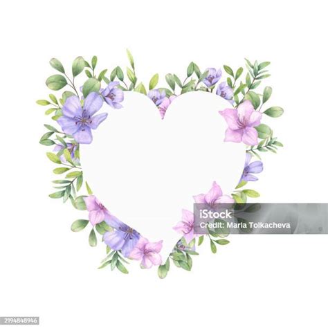 푸른 분홍색 꽃 와 잎 프레임 에서 하트 모양 그림 통하고 있는 White 봄 야생화 녹색 유칼립투스 단풍 발렌타인 데이 구성 텍스트를위한 빈 공간 인사말 카드의 경우 0