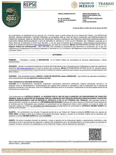Aviso De Registro Repse 2021 Pdf Gobierno Justicia