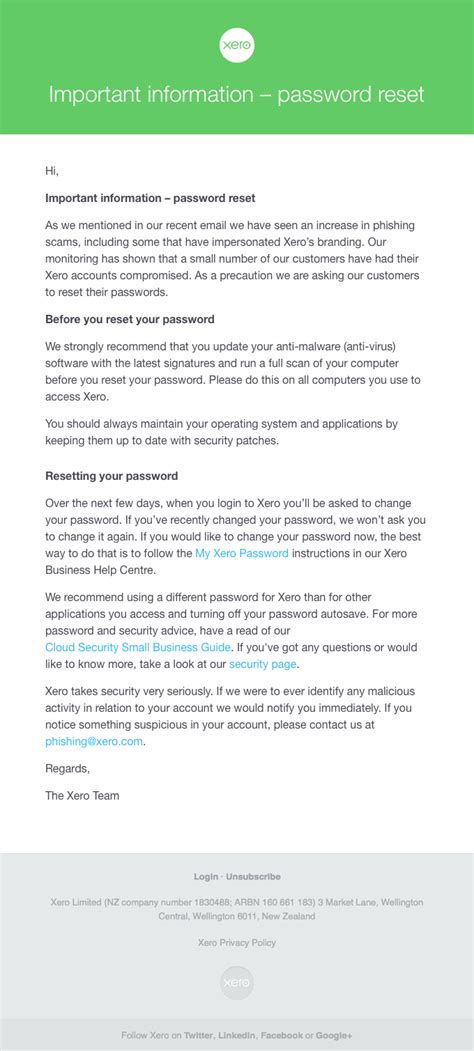 Important Information Password Reset From Xero Desktop Email View