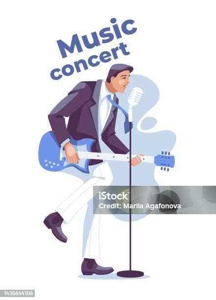 잘 생긴 젊은 기타리스트는 양복을 입고 마이크에 노래를 불렀다 공연 및 뮤지컬 쇼 플랫 벡터 일러스트 레이 션 락 음악에 대한 스톡 벡터 아트 및 기타 이미지 Istock