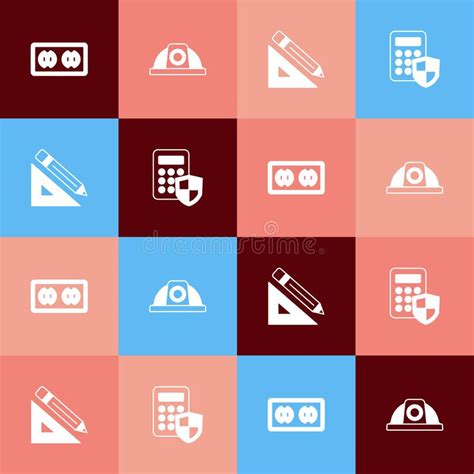 Set Pop Art Electrical Outlet Worker Safety Helmet Triangular Ruler And Pencil And Security