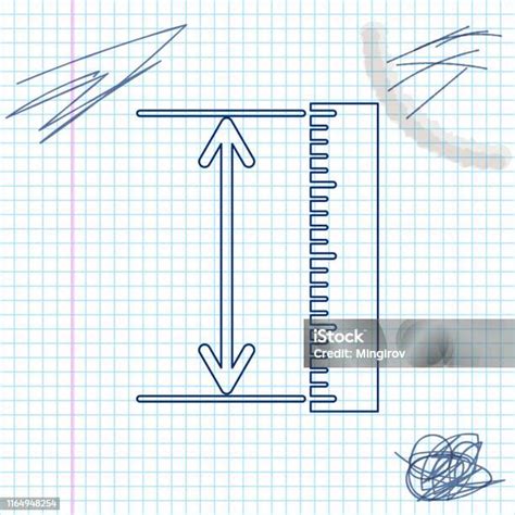 흰색 배경에 격리된 측정 높이 및 길이 선 스케치 아이콘입니다 눈금자 직선 배율 기호입니다 기하학적 계측기 벡터 일러스트레이션 개념에 대한 스톡 벡터 아트 및 기타 이미지