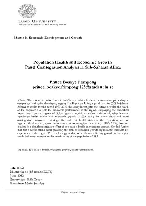 Pdf Population Health And Economic Growth Panel Cointegration Analysis In Sub Saharan Africa