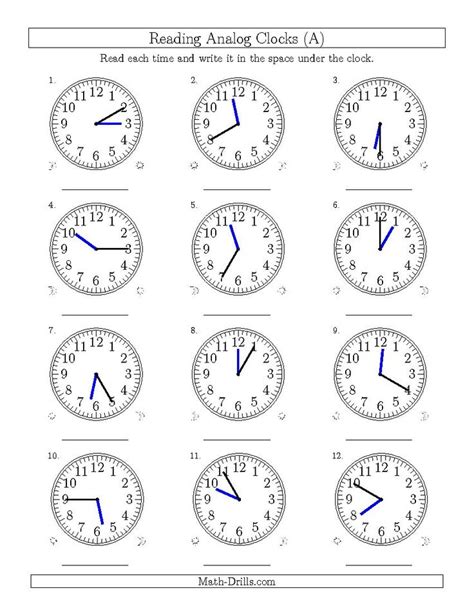 Reading Time On 12 Hour Analog Clocks In 5 Minute Intervals A