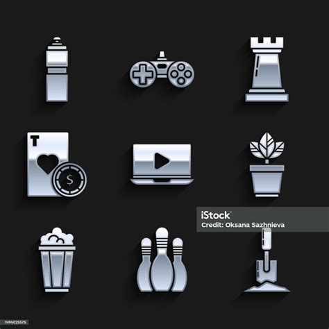 온라인 플레이 비디오 볼링 핀 삽 꽃 냄비 팝콘 판지 상자 카지노 칩 및 카드 놀이 체스 기호 및 피트니스 셰이커 아이콘을