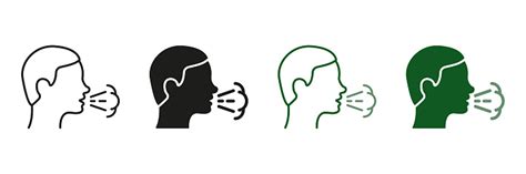 기침이나 재채기를 하는 남자 전염병 기관지염 결핵 픽토그램 기침 라인과 실루엣 아이콘 세트입니다 독감 감기 코로나 바이러스 증상