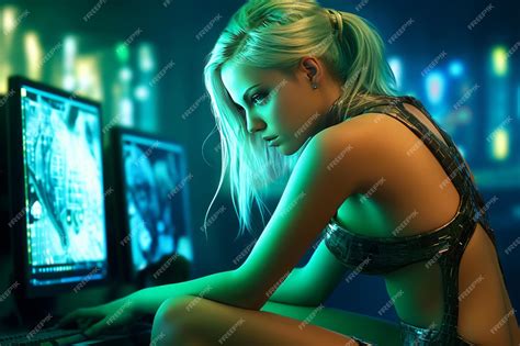 A Blonde Woman Sitting In Front Of A Computer In The Style Of Neon