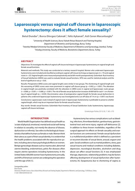PDF Laparoscopic Versus Vaginal Cuff Closure In Laparoscopic Hysterectomy Does It Affect
