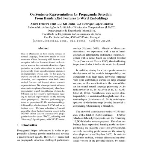 On Sentence Representations For Propaganda Detection From Handcrafted