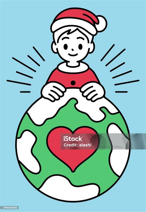 크리스마스 양복을 입은 순진한 소년 행복하게 미소 지으며 인사하고 러브 하트 상징 미니멀리스트 스타일 흑백 윤곽선 지구 구하기 지속 가능성 및 환경 보호의 개념으로 지구를