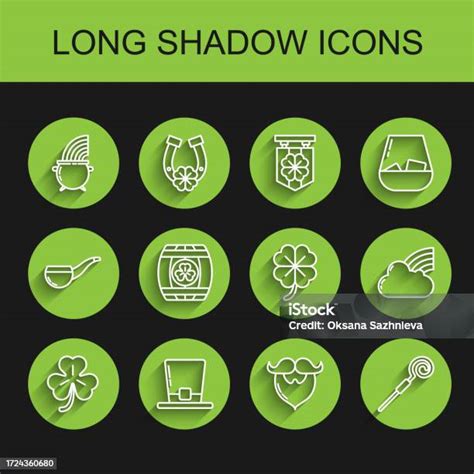 세트 라인 네 잎 클로버 레프리콘 모자 마녀 가마솥과 무지개 콧수염 수염 지팡이 4개가 있는 나무 통 무지개 구름과 아이콘 벡터 4가지 개체에 대한 스톡 벡터 아트 및 기타