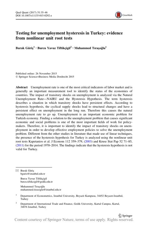 Testing For Unemployment Hysteresis In Turkey Evidence From Nonlinear Unit Root Tests Request Pdf