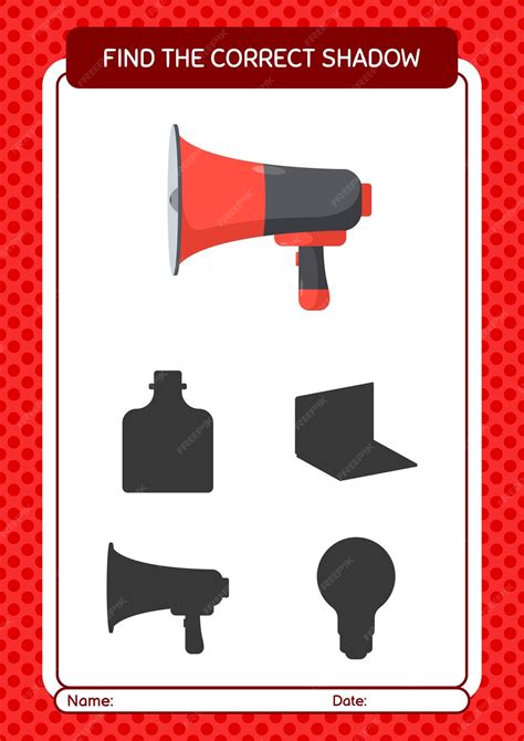 미취학 아동 아동 활동 시트용 혼 확성기 워크시트가 있는 올바른 그림자 게임 찾기 프리미엄 벡터