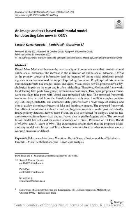 An Image And Text Based Multimodal Model For Detecting Fake News In Osns Request Pdf
