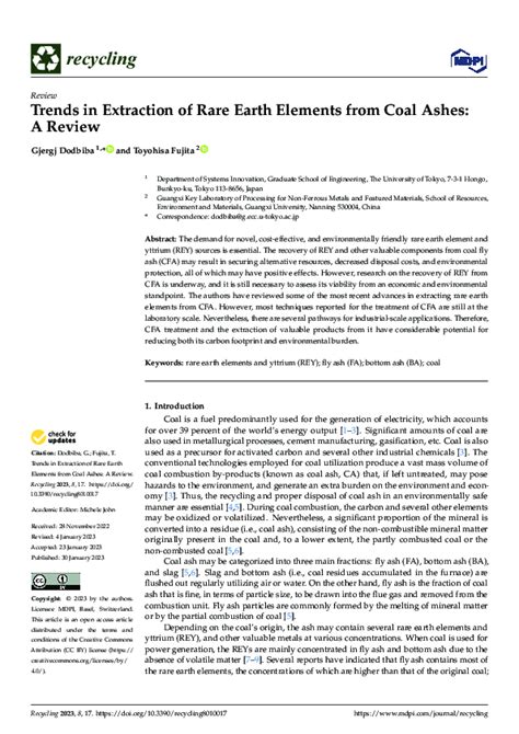 Pdf Trends In Extraction Of Rare Earth Elements From Coal Ashes A Review
