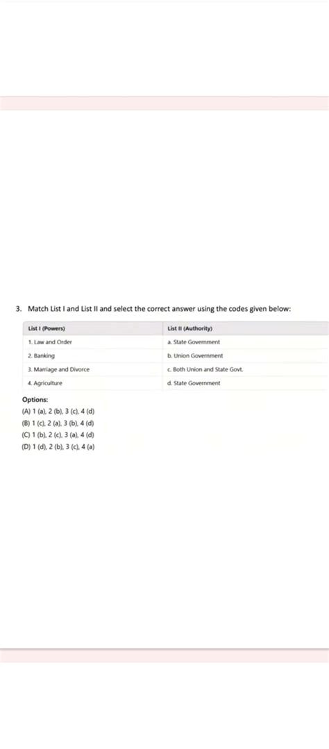 3 Match List I And List Ii And Select The Correct Answer Using The Codes