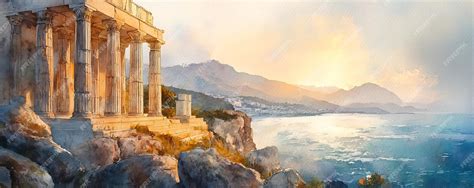Dreamlike Watercolor Of An Ancient Greek Temple At Sunset Premium Ai
