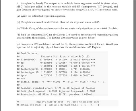 Solved 1 Complete By Hand The Output To A Multiple Linear